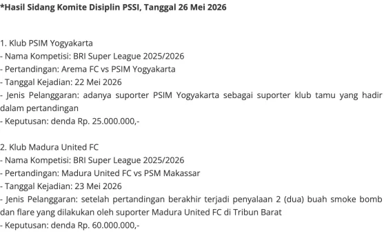 Madura United Dapat Sanksi Dari Komite Disiplin PSSI - RRI.co.id