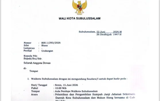 Besok, Wali Kota Ambil Sumpah Jabatan Sekda Subulussalam - RRI.co.id